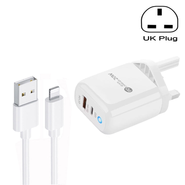 PD04 Type-C + USB Mobile Phone Charger with USB to 8 Pin Cable, UK Plu